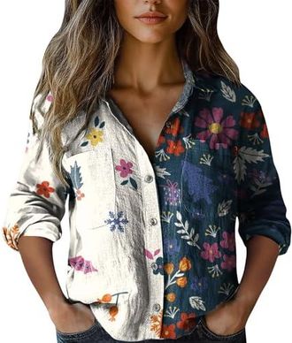 Generic Chemisier &agrave; manches 3/4 pour femme - Avec boutons - Col en V - Boutonn&eacute; - Style vintage - Boho - Chemise florale - Chemise d&eacute;t&eacute; d&eacute;contract&eacute;e - Chemise