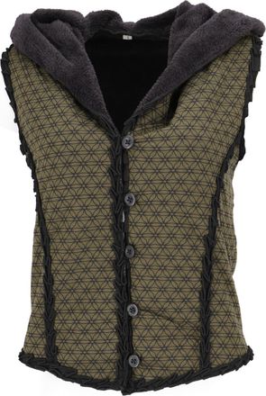 Guru Shop Kurze Goa Weste mit Weiter, Flauschiger Kapuze Flower of Life - Olivgr&uuml;n/schwarz, Damen, Baumwolle, Size:XL