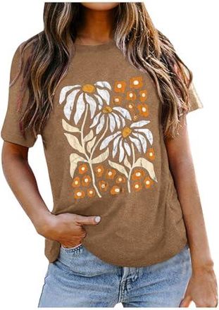 Generic Robes boh&egrave;me 2026 pour femmes, &eacute;t&eacute;, d&eacute;contract&eacute;, festival de musique, imprim&eacute; floral &eacute;tendu, col rond, t-shirt &agrave; manches courtes, caf&eacute;, 3XL