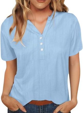 Generic Chemisier d&eacute;t&eacute; ample &agrave; manches courtes et revers roul&eacute; avec patte de boutonnage pour femme, coupe ample, col en V, pour le travail, les vacances | Hau