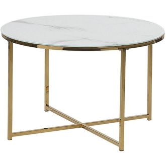 Beliani Table Basse Ronde 70 cm Effet Marbre en Verre et M&eacute;tal Blanc et Dor&eacute; Quincy