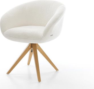 DELIFE Drehstuhl Vinka-Flex mit Armlehnen Boucl&eacute; Soft Beige Holzgestell kantig Natur 360&deg; drehbar Taschenfederkern, Esszimmerst&uuml;hle
