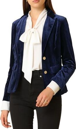 Allegra K Blazer en Velours Femmes Veste Vintage avec Bouton &agrave; Revers Crant&eacute; Tenue de Bureau Bleu Fonc&eacute; M