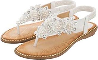 Generic Sandales dété pour femme - Tongs plates - Style bohème - Avec strass et bande élastique - Chaussures dété - Chaussures de plage - Confortables - Chaus