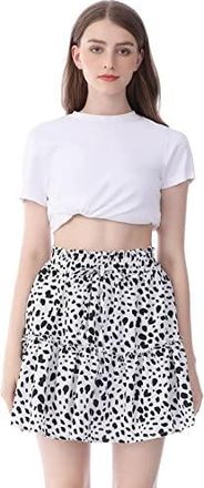 Hoerev Jupe Courte évasée à Motif Floral pour Femme et Fille Mini Jupe de Plage à Volants,Points Blancs et Noirs,S