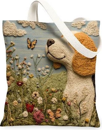 Generic Sac fourre-tout en toile motif chien beagle printanier 33 x 38,1 cm, sac d&eacute;picerie r&eacute;utilisable &agrave; motif floral fantaisie pour femme, peinture danimal 