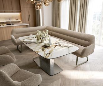 DELIFE Esszimmerbank Taya-Flex 285x190 cm Boucl&eacute; Schlamm Kufengestell flach Effektfinish Titan Taschenfederkern Rechts, B&auml;nke