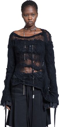 Ann Demeulemeester Cilia Off-Shoulder Sweater in Ripped Sheer Knit
