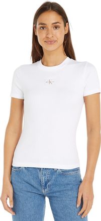 Calvin Klein Jeans Damen T-Shirt Kurzarm Woven Label Rib Rundhalsausschnitt, Weiß (Bright White), 3XL