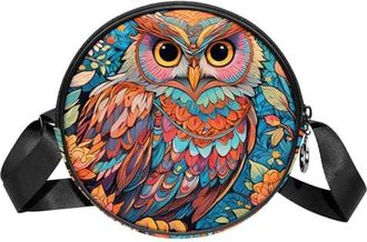 Generic Sac &agrave; bandouli&egrave;re rond pour femme, motif hibou color&eacute; avec fermeture &eacute;clair, bretelles r&eacute;glables, sac &agrave; main rond d&eacute;contract&eacute; pour femmes et filles