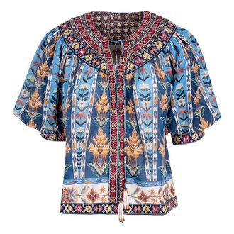 Farm Rio Farm Rio, Femme, Blouses et Chemises, Multicolore, Taille: 40 FR Blouse Manches Bouffantes Broderie Tapisserie et Pompons