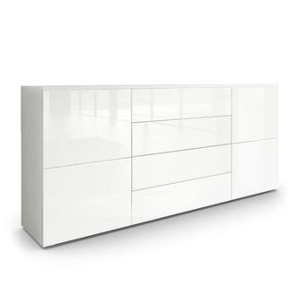 Vladon Sideboard Rova, Made in Germany, Kommode mit 4 T&uuml;ren und 4 Schubladen, Wei&szlig; matt/Wei&szlig; Hochglanz/Wei&szlig; Hochglanz (166 x 72 x 35 cm)