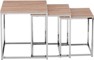 Haku M&ouml;bel Beistelltisch 3er Set Chrom, Eiche hell, MDF, Metall - Ma&szlig;e: B 29/34/39 cm x H 36/39/42 cm x T 29/34/39 cm, Style: Modern