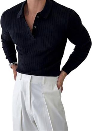 Generic Polo en tricot d&eacute;contract&eacute; pour homme - T-shirt solide - Chemises de golf classiques - T-shirt dentra&icirc;nement extensible, Noir, M