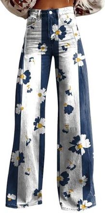 Generic Jean pour femme - Taille haute - Jambes larges - Motif floral - Pantalon en denim bicolore - Aspect jean - Pantalon palazzo évasé - Pantalon de loisir