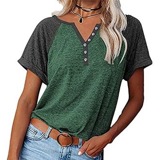 Generic Womens Color Block Oversized Short Sleeve V Neck Button Tops Basic Solid Color Tee Shirts Tunics Blouses