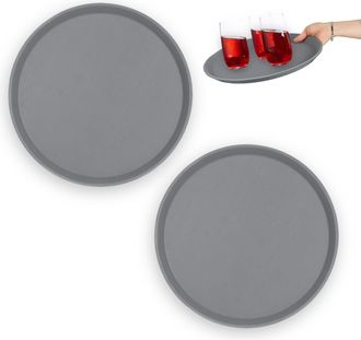 Relaxdays Serviertablett 2er Set, rutschfeste Oberfläche, 35 cm, rundes Kellnertablett, Gastronomie, Kunststoff, grau