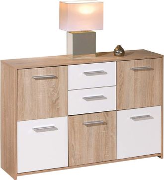 Dmora Sideboard mit f&uuml;nf T&uuml;ren und zwei Schubladen im Mittelteil, Farbe Wei&szlig; und Eiche, Ma&szlig;e 115 x 77 x 30 cm