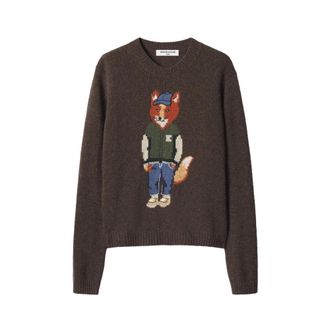 Maison Kitsun&eacute; Pull Col Rond Renard Habill&eacute; - Femme - Pulls - Brun - Taille: 38 FR