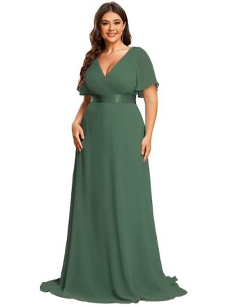 Ever-pretty Damen Abendkleid Frau A-Linie Chiffon Brautjungfernkleid V Ausschnitt Hochzeit Eukalyptus Gr&uuml;n 50