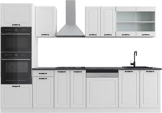 Vicco Küchenzeile R-Line, Weiß Landhaus/Weiß, 300 cm mit Hochschrank, ohne Arbeitsplatte