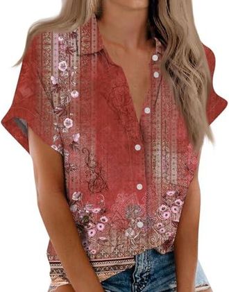 Generic T-shirt décontracté pour femme et fille 2024 - Chemises tendance en coton à manches courtes et col en V - Chemisier boutonné - Chemise de camping S 6X