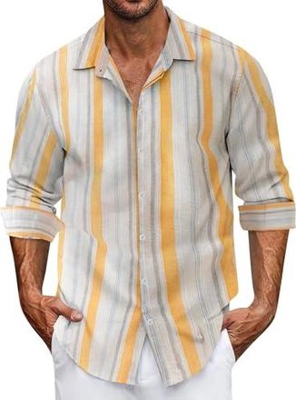 Generic Chemise Henley en coton et lin pour homme - Style d&eacute;contract&eacute; et tendance - Revers &agrave; rayures - Manches longues - L&eacute;ger, jaune, XXL