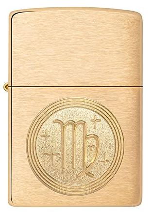 Zippo Sturmfeuerzeug - Modell Virgo Emblem, Sternzeichen - Brushed Brass Finish - Nachfüllbar - Wiederverwendbar - Windfestes Design - Geschenkbox - Made in