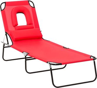 OUTSUNNY Bain de soleil pliable transat inclinable 4 positions chaise longue de lecture 3 coussins fournis rouge