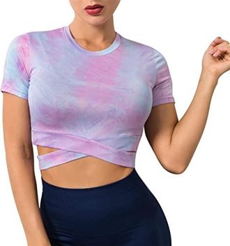 ORANDESIGNE T-Shirt Femme Sport Top Courts Activewear à Manches Longues Pilate Yoga Entraînement Fiteness Running Crop Tops H Violet S