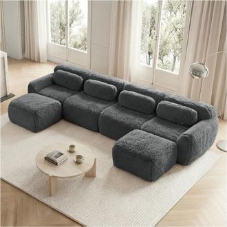 Generic Modernes 2-Sitzer-Sofa, modulares Sofa, rutschfeste Basis, mit 2 Kissen, extra breite ergonomische Armlehnen,for Lesen und Arbeiten(Gris+Peluche+4 Pla