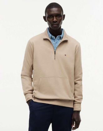 Tommy Hilfiger Sweat en tissu &eacute;ponge &agrave; col zipp&eacute; et logo drapeau brod&eacute; - Kaki-Neutral