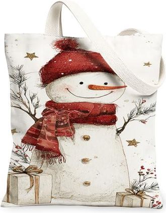 Generic Sacs fourre-tout en toile motif bonhomme de neige de No&euml;l, sc&egrave;ne dhiver, sacs d&eacute;picerie l&eacute;gers et r&eacute;utilisables, d&eacute;coratifs et lavables avec bandouli&egrave;