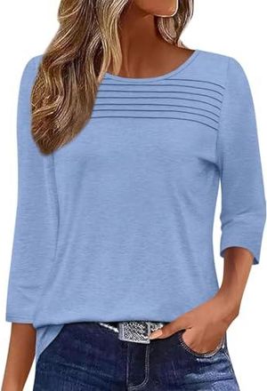 Onsoyours Tee Shirt Femme Manches 3/4 Plissé Col Rond T-Shirt Ete Décontracté Haut Basic Top A Bleu Clair S