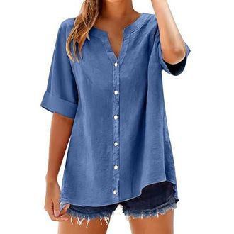Generic Chemisier en coton et lin pour femme - Col en V - L&eacute;ger - Confortable - Coupe ample - Respirant - Pour sortir, bleu, 3XL