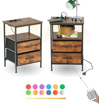 Furniture R Set von 2 Nachttisch mit LED Ladefunktion, Beistelltisch mit 2 Schubladen. 2 AC Ports.2 USB Ports Nachttische, Endtische für Wohnzimmer, Schlafzimmer,