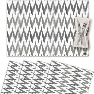 Vilber Set mit 4 Tischsets aus Vinyl, waschbar, wasserdicht, schmutzabweisend, rutschfest, antihaftbeschichtet, hitzebeständig, Ikat-Mallorca-Stil, Zig Zag, 