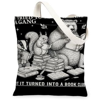 Generic Sacs fourre-tout en toile avec motif danimaux sauvages, sacs d&eacute;picerie r&eacute;utilisables, noirs, vintage, l&eacute;gers, lavables avec bandouli&egrave;re, noir, 13x15 I