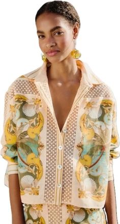 Farm Rio Farm Rio, Femme, Blouses et Chemises, Multicolore, Taille: 38 FR Royal Sea Crochet Detail Blouse