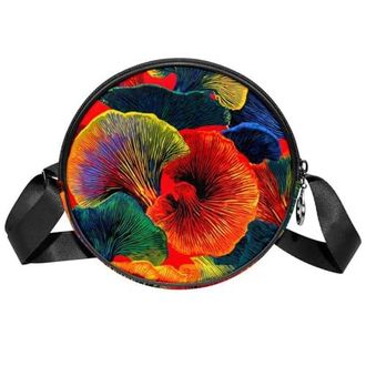 Generic Sac &agrave; bandouli&egrave;re rond pour femme, motif feuille de ginkgo, petit sac &agrave; bandouli&egrave;re avec fermeture &eacute;clair, bretelles r&eacute;glables, sac &agrave; main rond d&eacute;cont