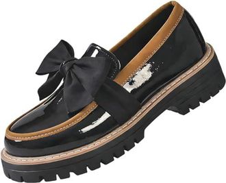 Generic Mocassins Loafer Femme en Cuir Verni Noeud Chaussures De Marche &agrave; Plateforme sans Lacets Semelle Chunky Elegant Style Britannique Chaussure D&eacute;contract