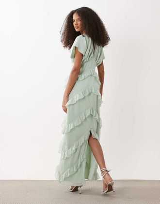 Pretty Lavish Maxikleid aus Chiffon in Salbeigr&uuml;n mit V-Ausschnitt und R&uuml;schen