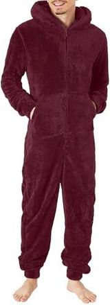 Generic Combinaison pour homme &agrave; capuche doubl&eacute;e en polaire avec fermeture &eacute;clair - Pyjama une pi&egrave;ce - Jogging - V&ecirc;tement de nuit pelucheux, rouge vin, 4XL