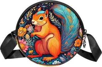 Generic Sac &agrave; bandouli&egrave;re rond pour femme, motif &eacute;cureuil color&eacute;, petit sac &agrave; dos &agrave; bandouli&egrave;re avec fermeture &eacute;clair, bretelles r&eacute;glables, sac &agrave; main rond d&eacute;