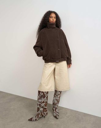 Topshop bomber en laine &agrave; col chemin&eacute;e avec ceinture couleur chocolat-Gris