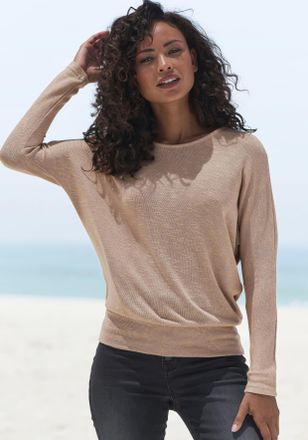 Vivance Langarmshirt VIVANCE mit breitem Bund, Damen, Gr. 32/34, beige, Feinstrick, Obermaterial: 55% Polyester (REPREVE), 43% Viskose, 2% Elasthan, meliert, 