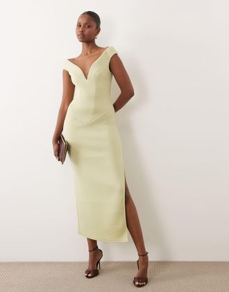 Asos Robe mi-longue en imitation n&eacute;opr&egrave;ne &agrave; d&eacute;collet&eacute; plongeant en V style Bardot - Vert sauge