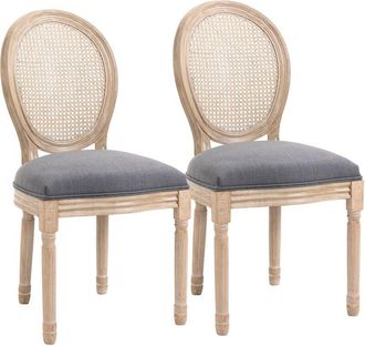 HOMCOM Homcom - Lot de 2 chaises de salle &agrave; manger - chaise de salon m&eacute;daillon style Louis xvi - bois massif sculpt&eacute;, patin&eacute; - dossier cannage - aspect lin
