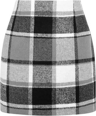 Generic Jupes moulantes extensibles pour femmes - Jupe-short &agrave; motif tartan pour femme - Jupe trap&egrave;ze - Taille haute &eacute;lastique - Taille haute - Moulante - Cou