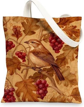 Generic Sacs fourre-tout en toile motif oiseaux et raisins, inspirés de la nature, art vintage, sacs de courses légers et lavables pour salle de sport, extéri